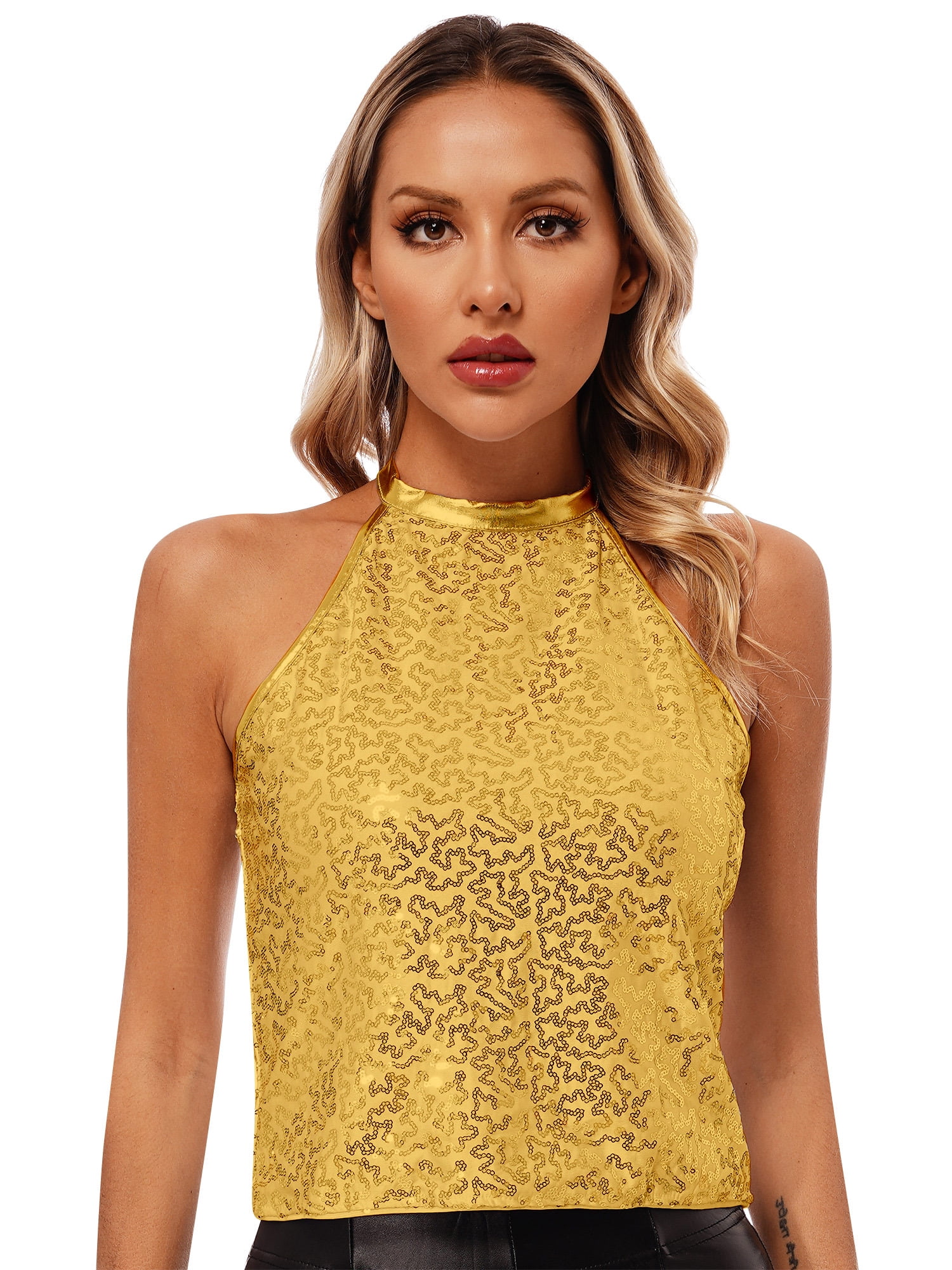 CHICTRY Womens Sparkling Sequin Crop Top Halter Buckle Closure Backless ...