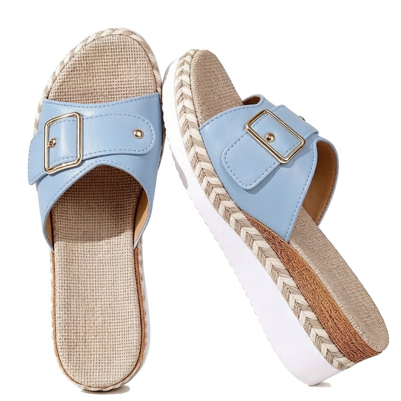 CHICVOMEY Boho Jute Wrap Wedge Slides for Women Adjustable Metal Buckle ...