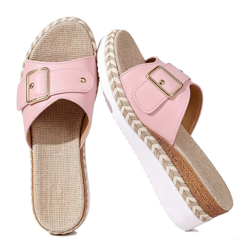 CHICVOMEY Boho Jute Wrap Wedge Slides for Women Adjustable Metal Buckle ...