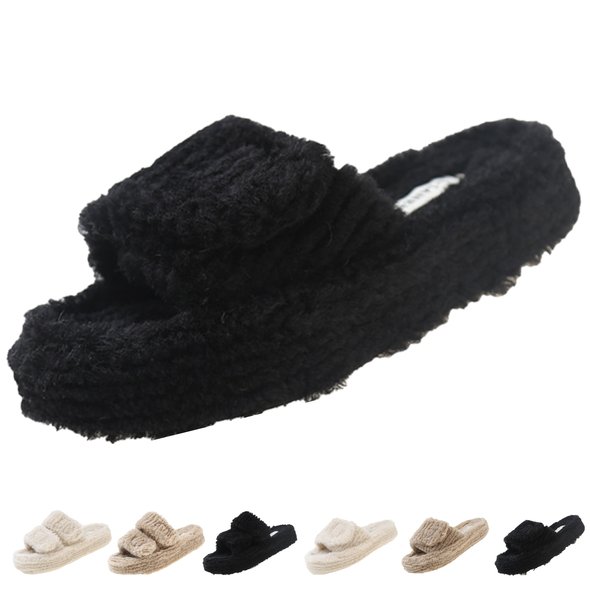 CHICVOMEY Fuzzy Women's Slippers with Velcro Open Toe Slides Cozy ...