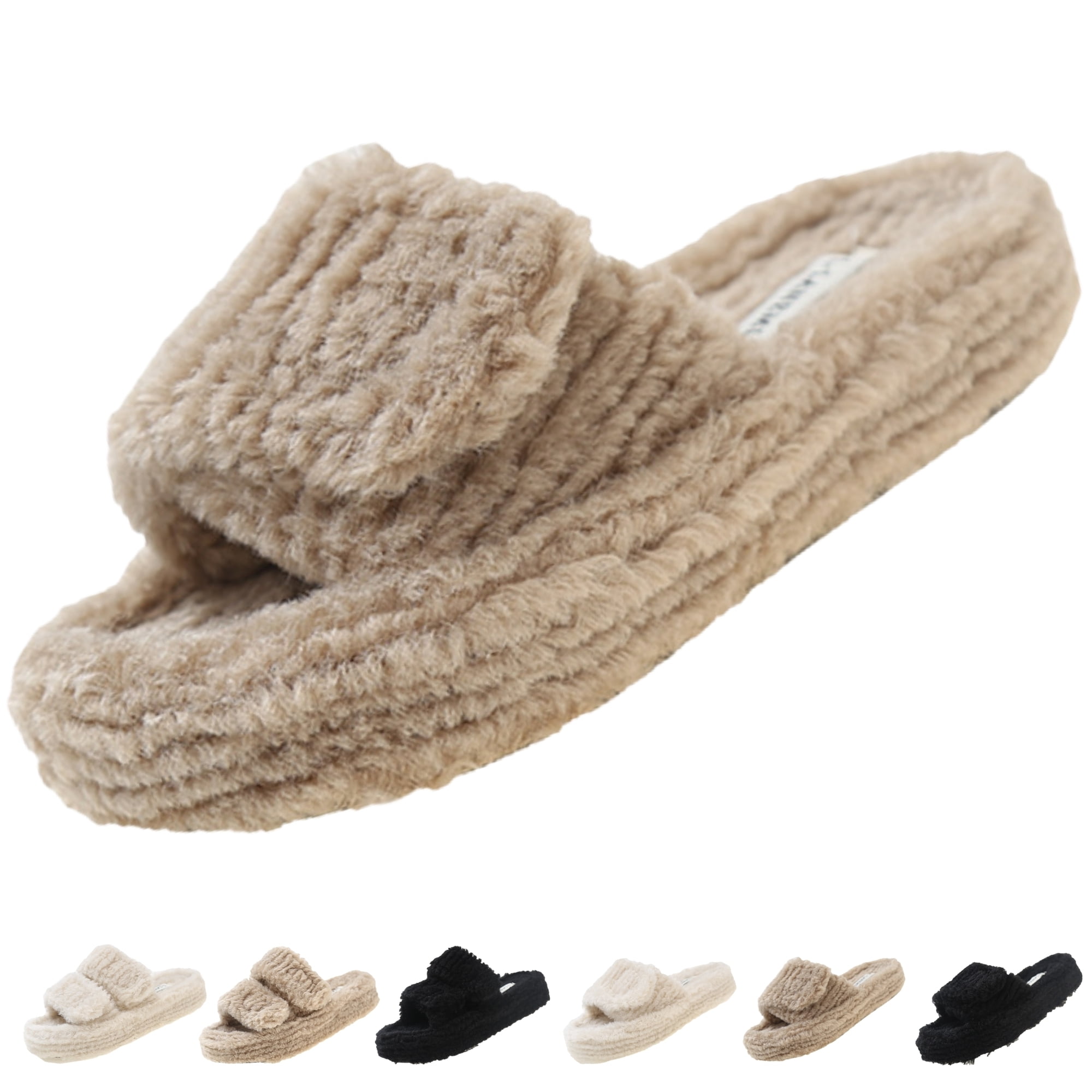 CHICVOMEY Fuzzy Women's Slippers with Velcro Open Toe Slides Cozy ...
