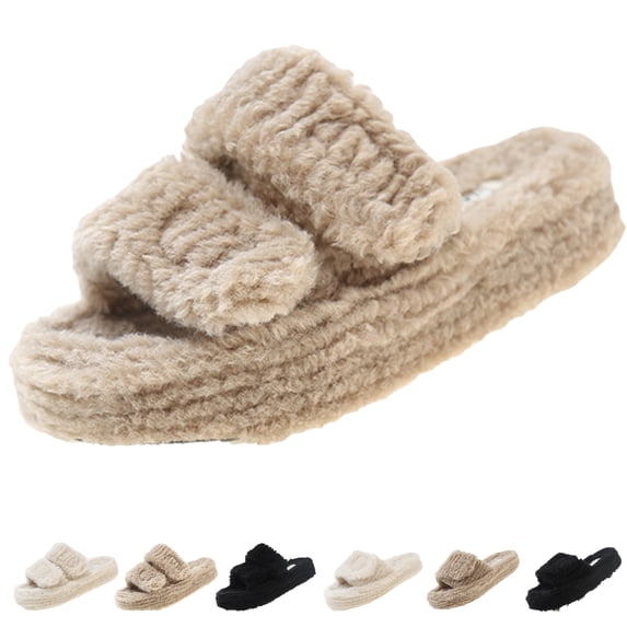 CHICVOMEY Fuzzy Women's Slippers with Velcro Open Toe Slides Cozy ...