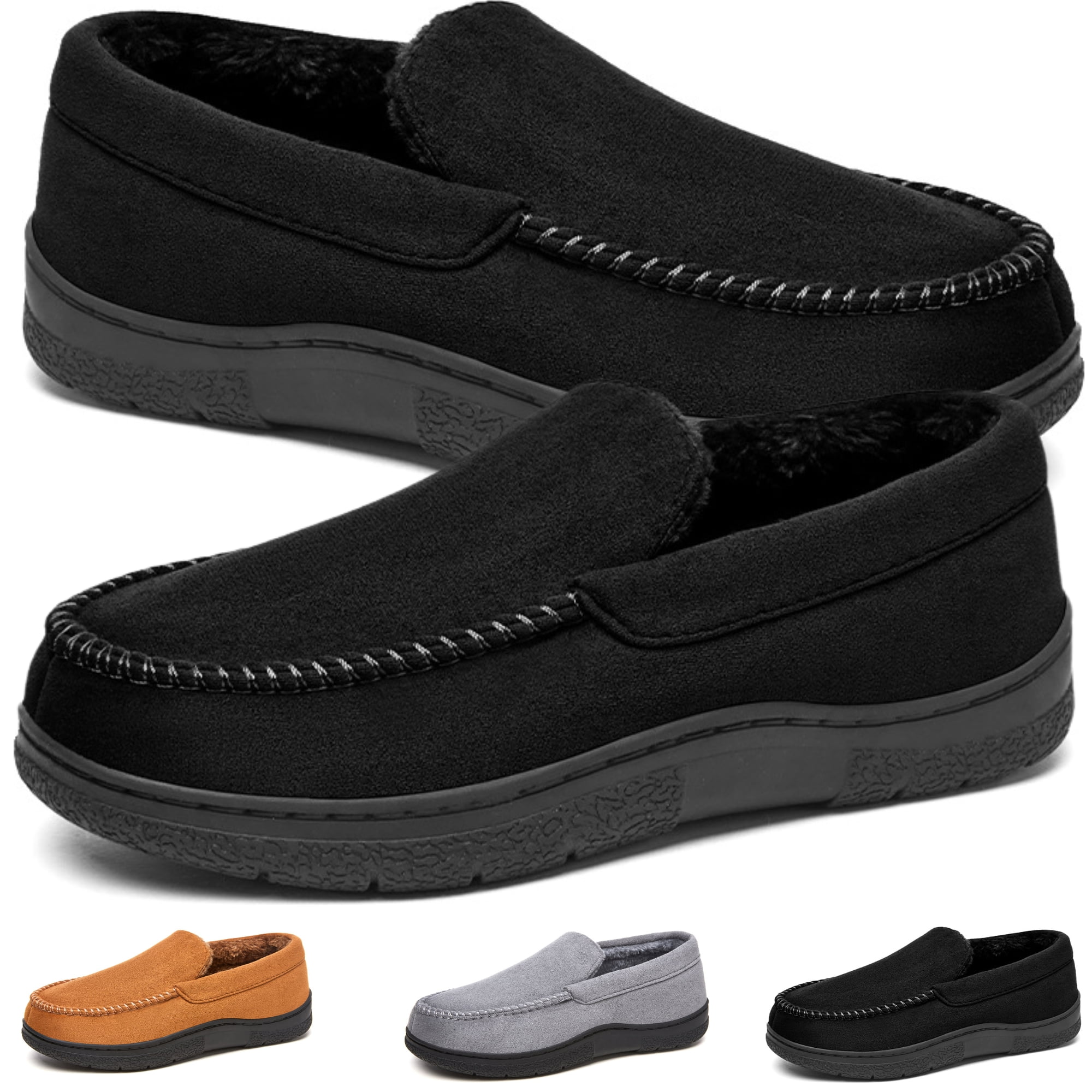 CHICVOMEY Men's Suede Moccasin Slippers with Faux Fur Lining - Indoor ...