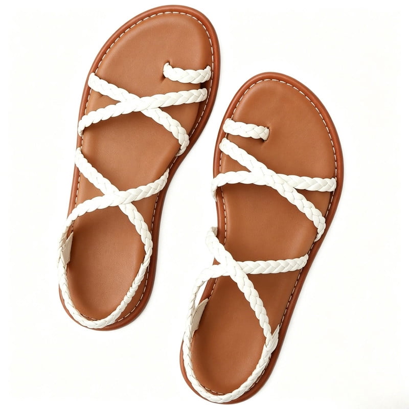 CHICVOMEY Women's Braided Strap Flat Sandals Casual Crisscross Toe Ring ...