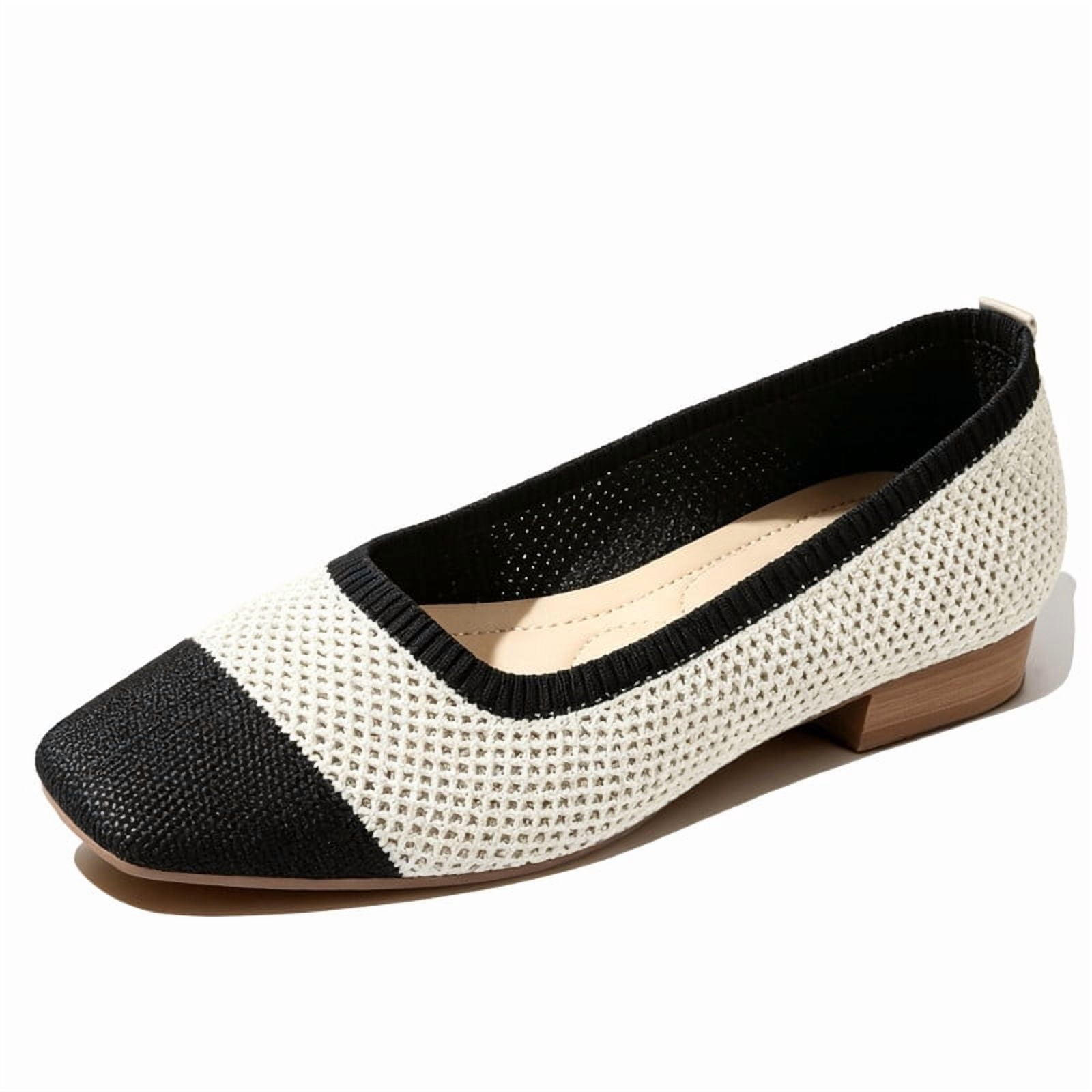 CHICVOMEY Womens Knit Square Toe Ballet Flats Two Tone Black and Beige ...