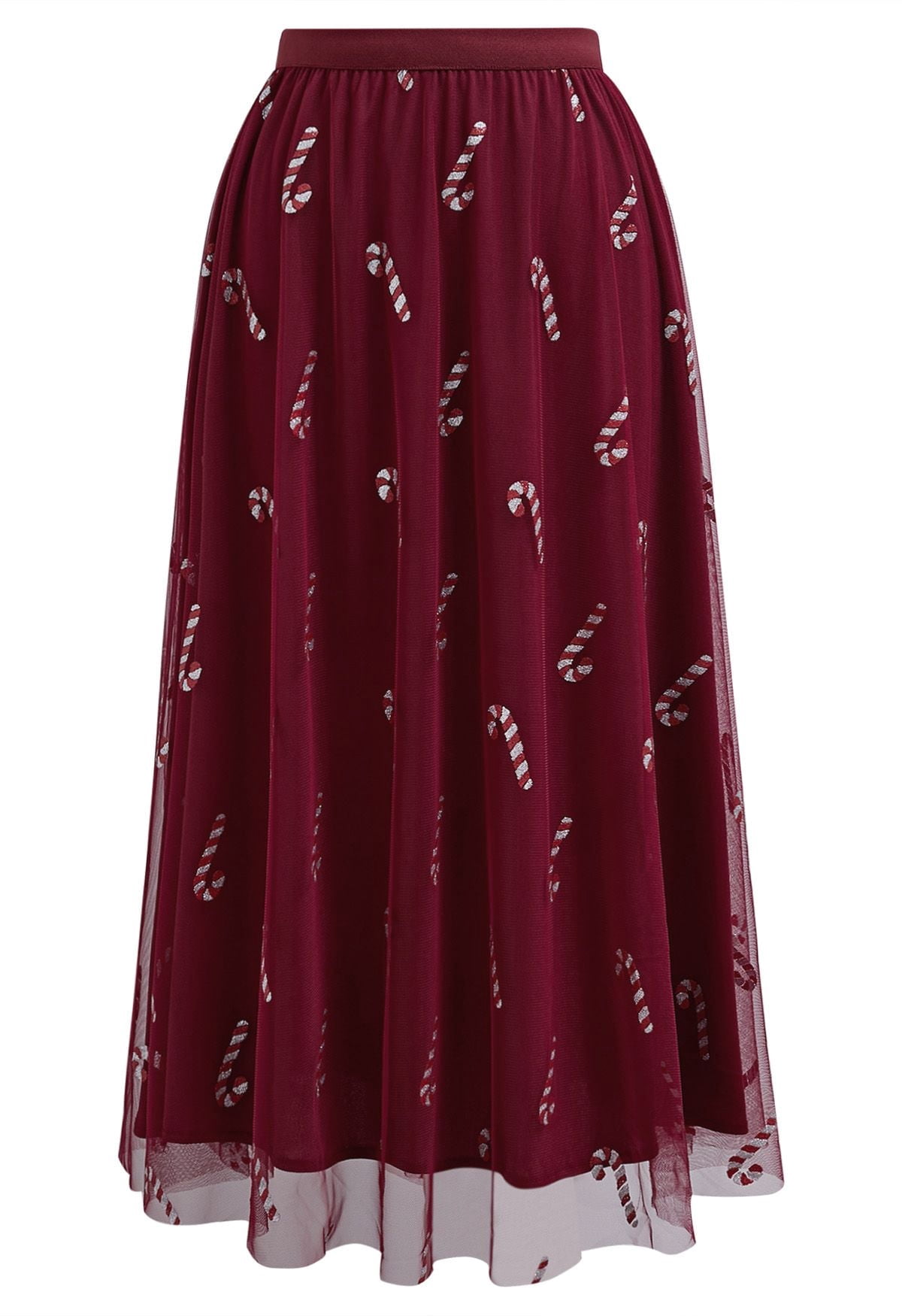 CHICWISH Women Christmas Shimmer Candy Cane Print Mesh Tulle Midi Skirt ...