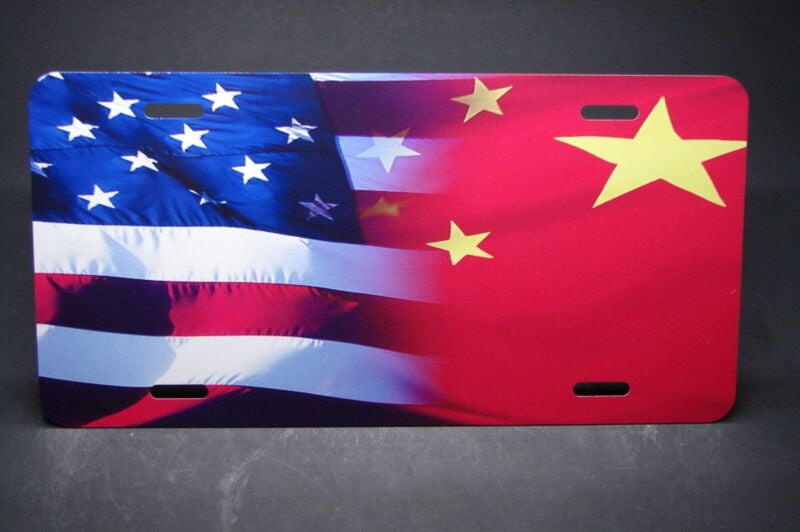 CHINESE AMERICAN FLAG METAL CAR LICENSE PLATE AUTOTAG. CHINA FLAG ...