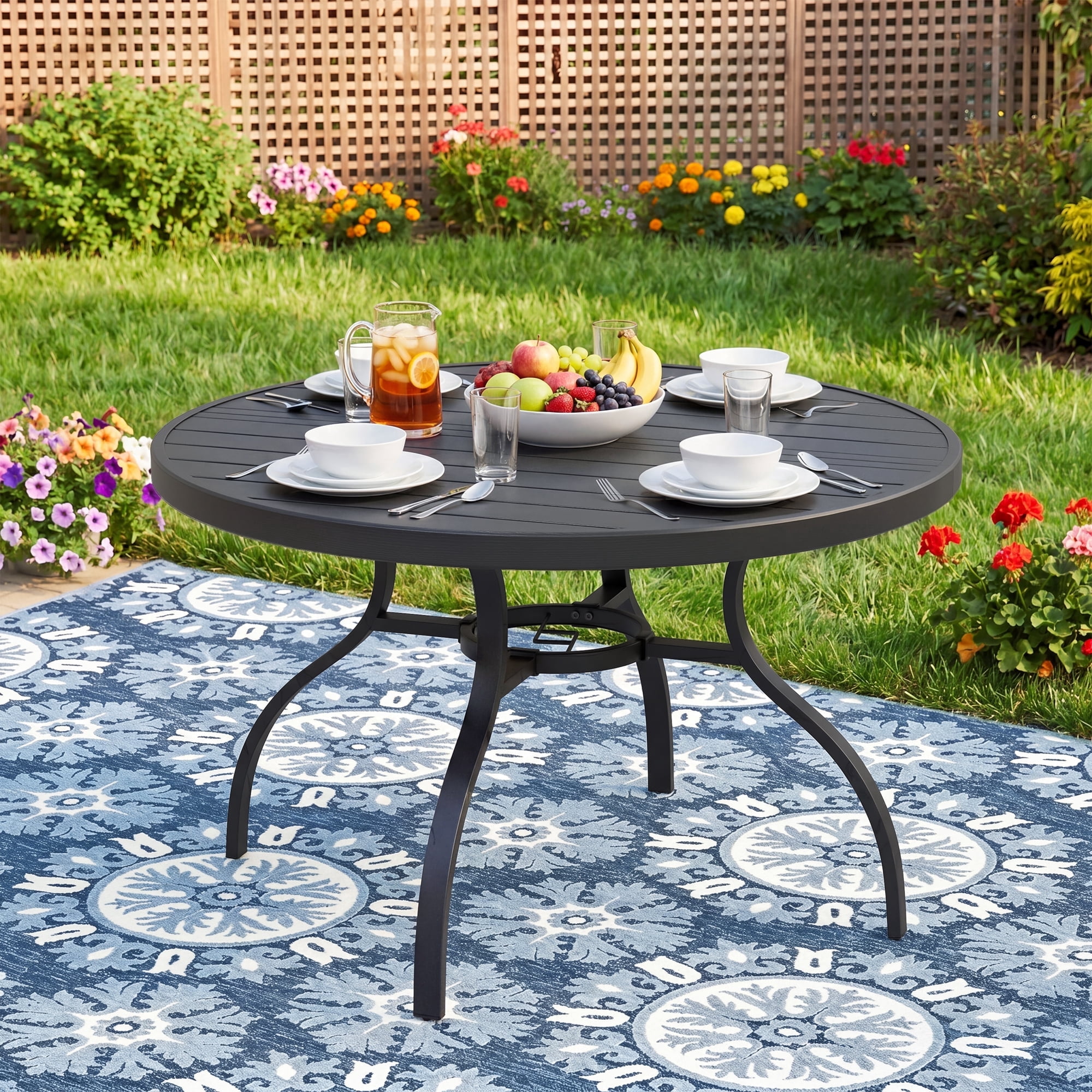 CHINNLUU 47” Patio Outdoor Dining Table, Wood-Grain Patio Round Table ...