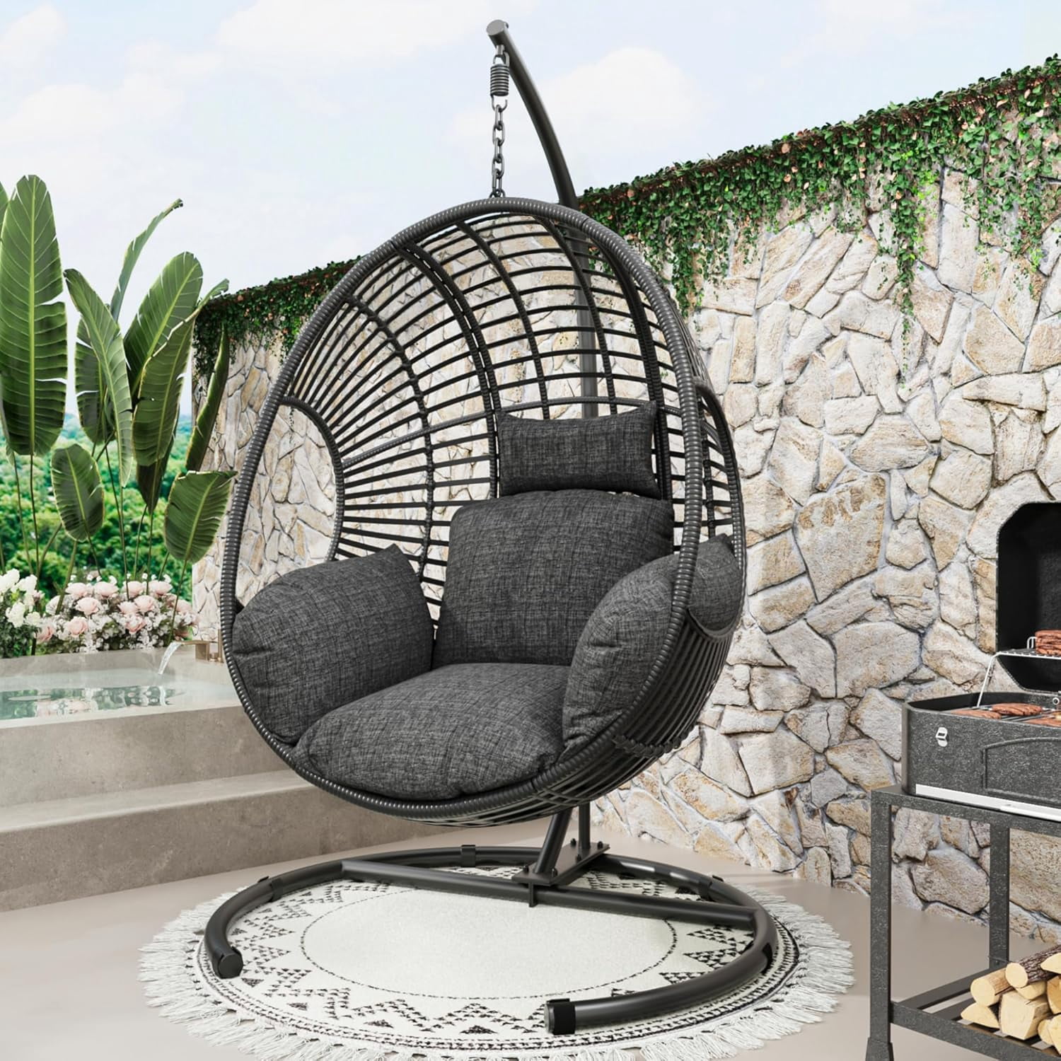 CHINNLUU Oversized Hanging Egg Chair with Stand, Outdoor Indoor Wicker ...
