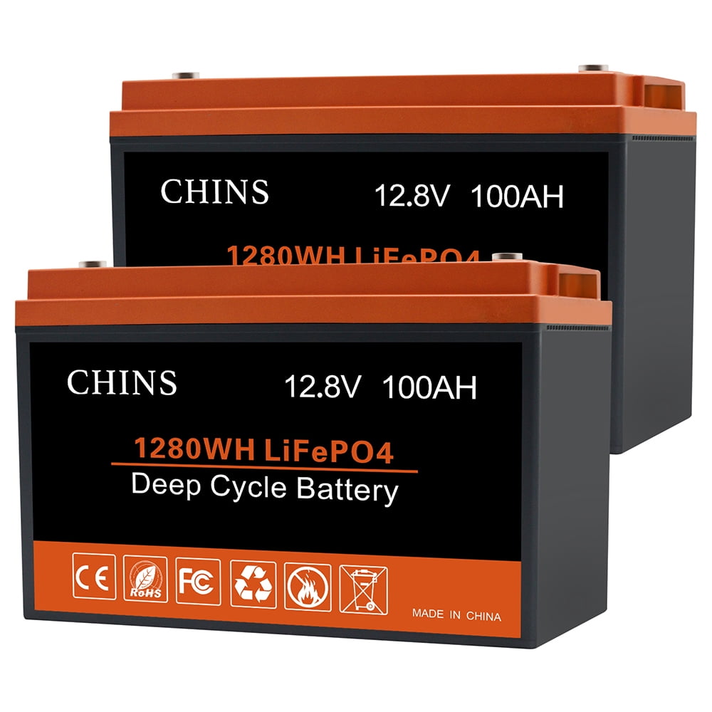 CHINS Marine LiFePO4 12V 100AH Lithium Iron Battery, 2Pack with 100A ...