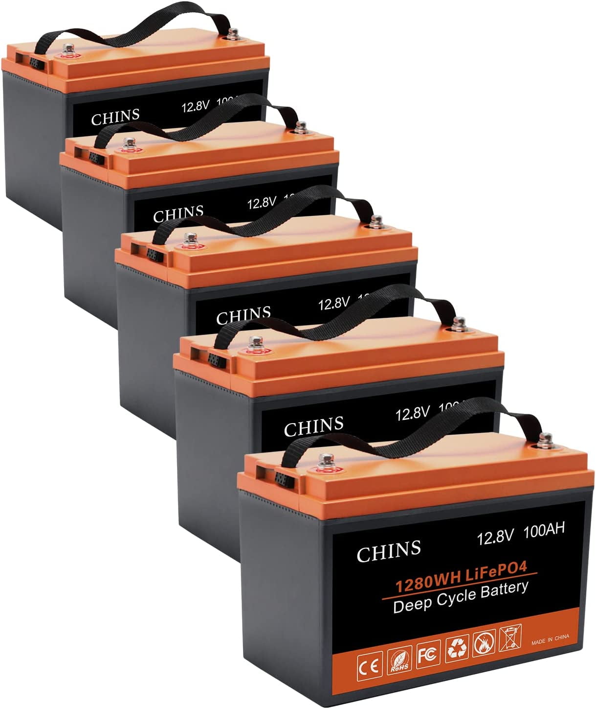 CHINS LiFePO4 12V 100AH Lithium Battery 5 PCS Set with BMS for Backup ...
