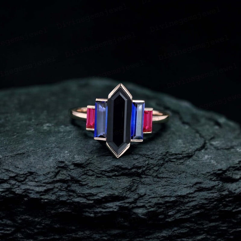 CHIRAGEMSJEWEL 10x5 MM / Hexagon Cut Black Onyx Wedding Ring Women ...