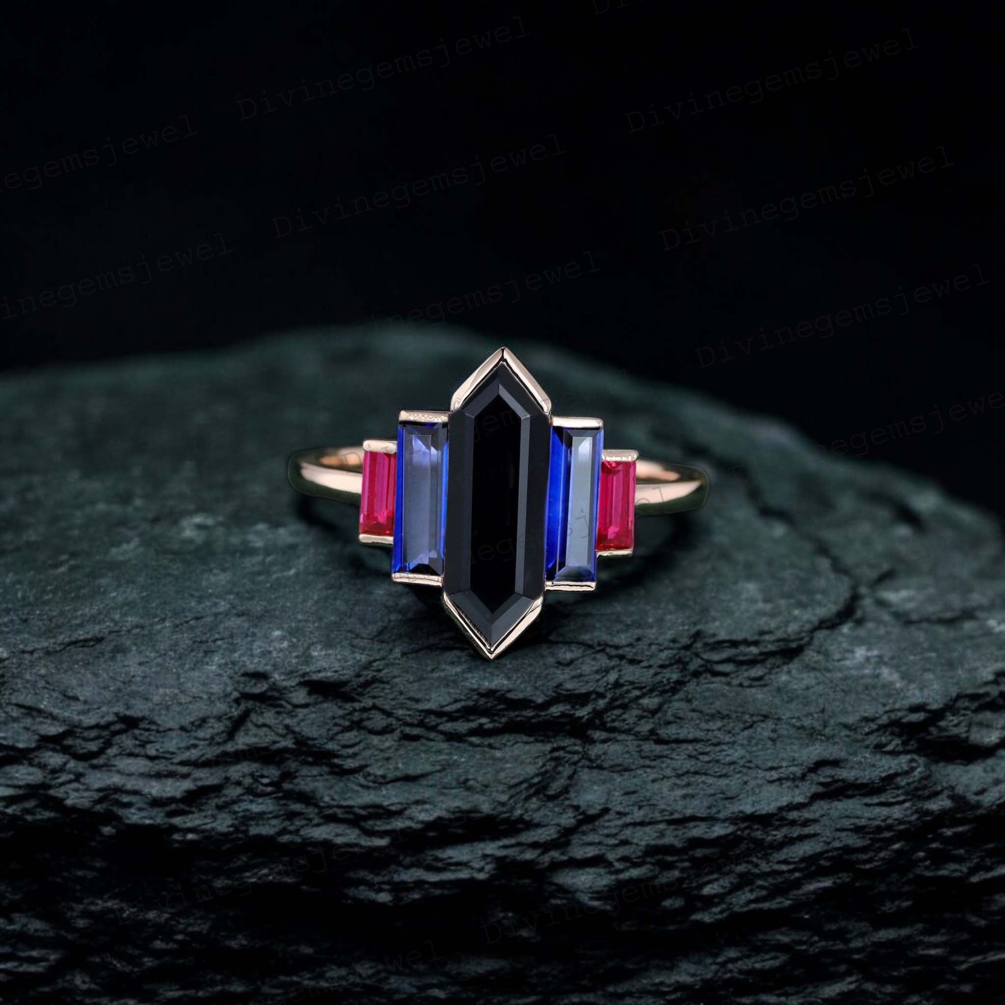 CHIRAGEMSJEWEL 12x5 MM/ 1 CT Hexagon Cut Natural Onyx Ring Bridal ...