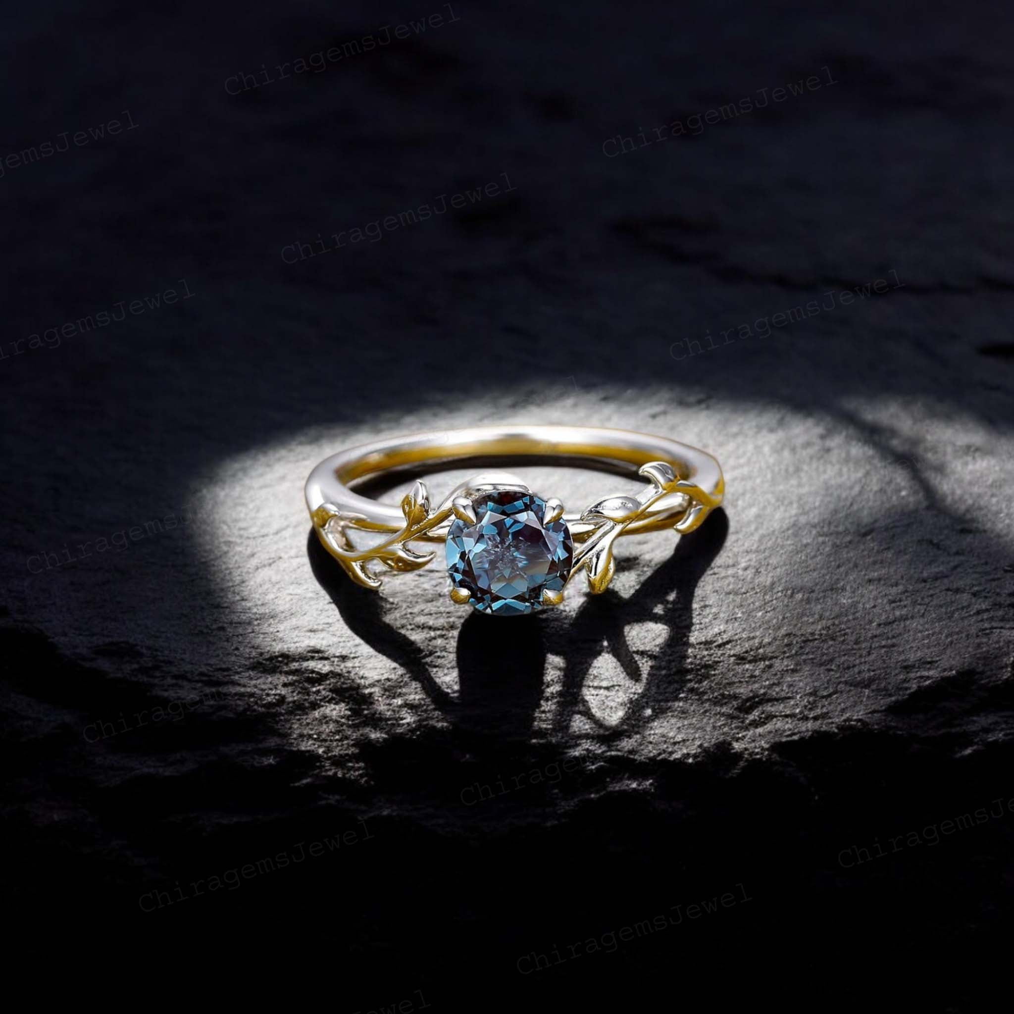 CHIRAGEMSJEWEL 5 MM/ 1 CT Round Cut Alexandrite Twig leaf Ring Bridal ...