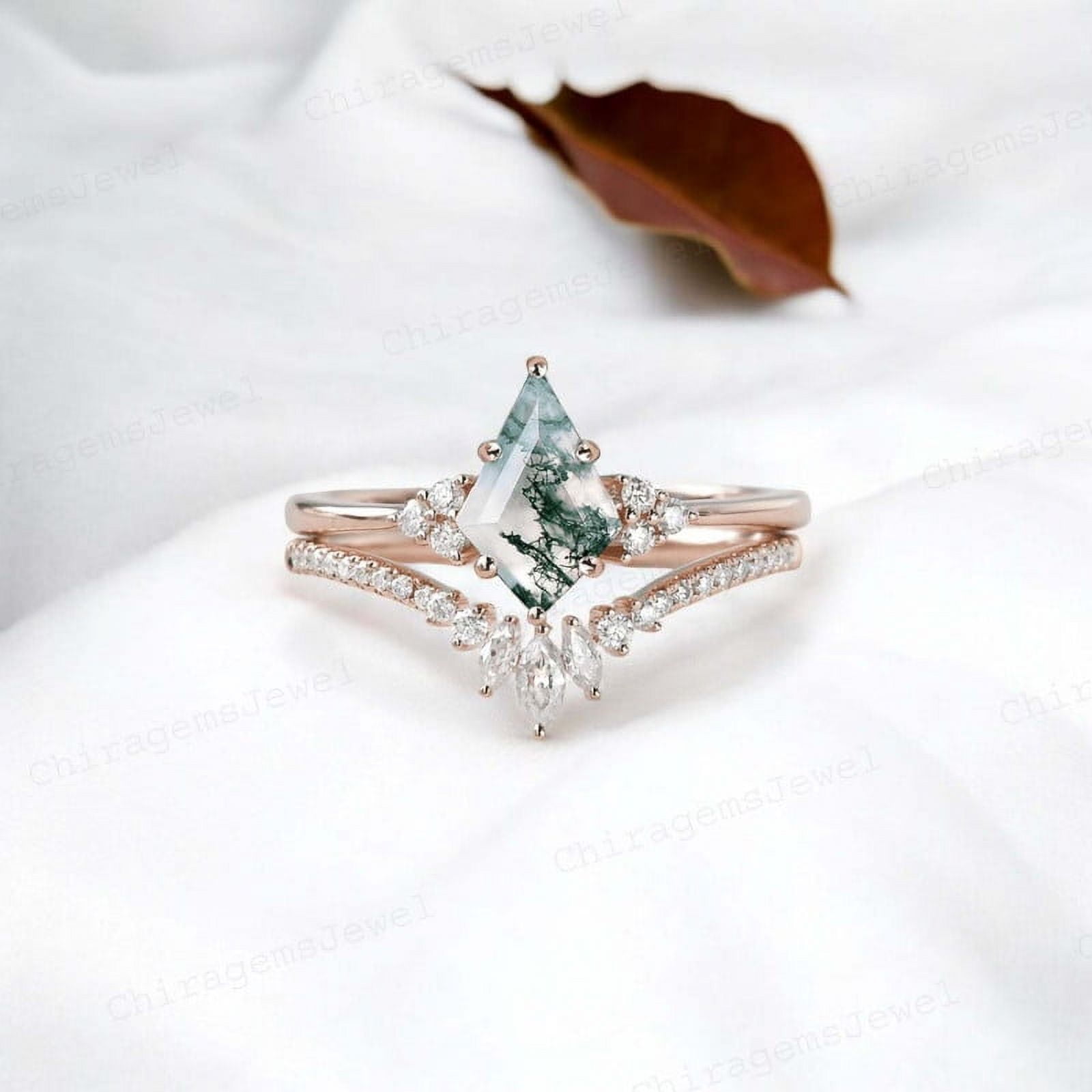CHIRAGEMSJEWEL 7X9MM / 1ct Kite Shape Moss Agate Bridal Wedding Ring ...