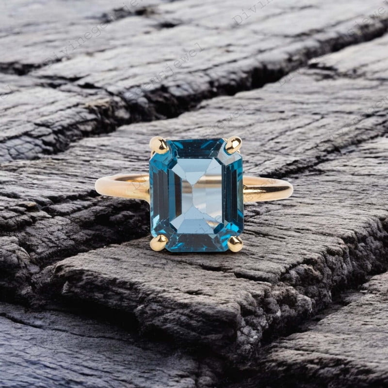 CHIRAGEMSJEWEL 7x11 MM / Large Emerald Cut Blue Topaz Solitaire Ring ...