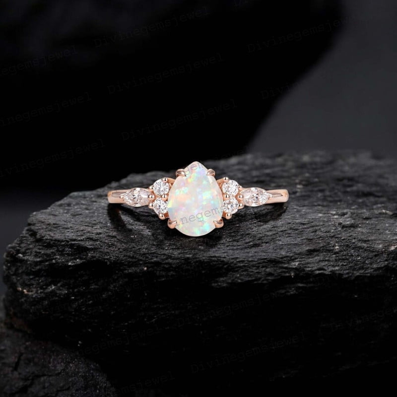 CHIRAGEMSJEWEL 7x5 MM /Pear Cut Fire Opal Engagement Ring Women Diamond ...