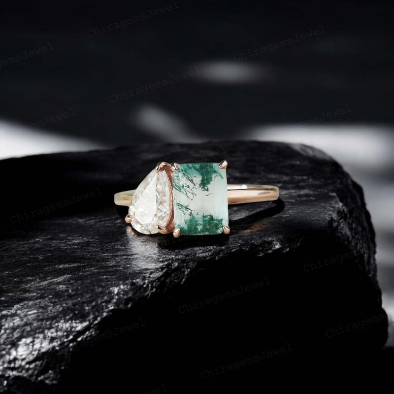 CHIRAGEMSJEWEL 8x6 MM / Green Moss Agate Toi ET Moi Ring Art Deco ...