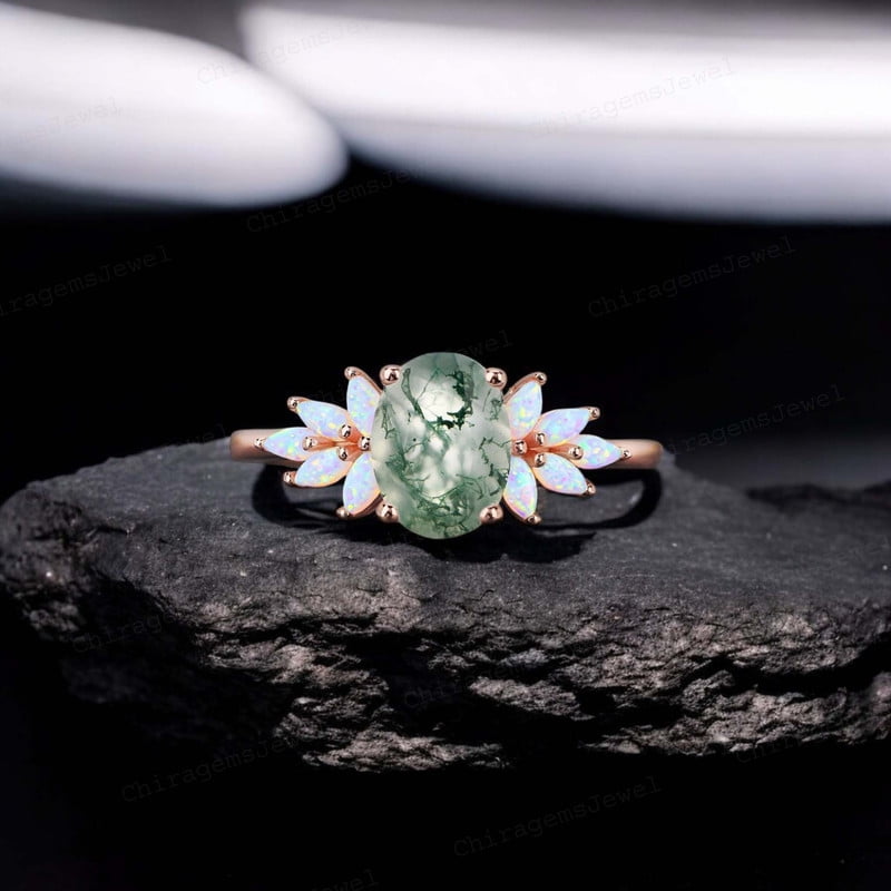 CHIRAGEMSJEWEL 8x6 MM / Moss Agate Engagement Ring Solid Gold Rbridal ...