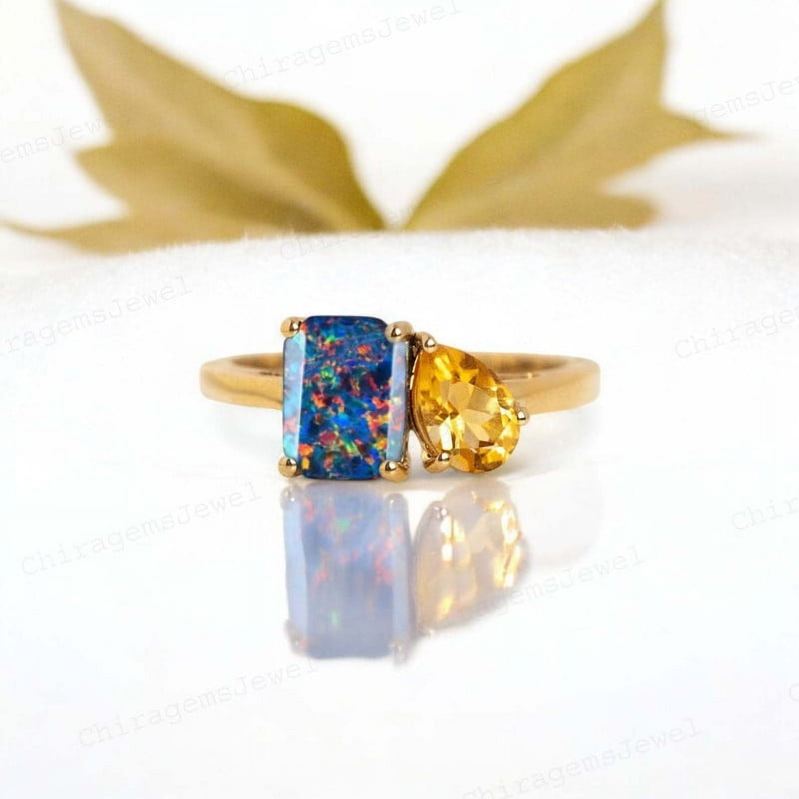 CHIRAGEMSJEWEL Emerald Cut Black Opal & Citrine Toi Et Moi Ring ...