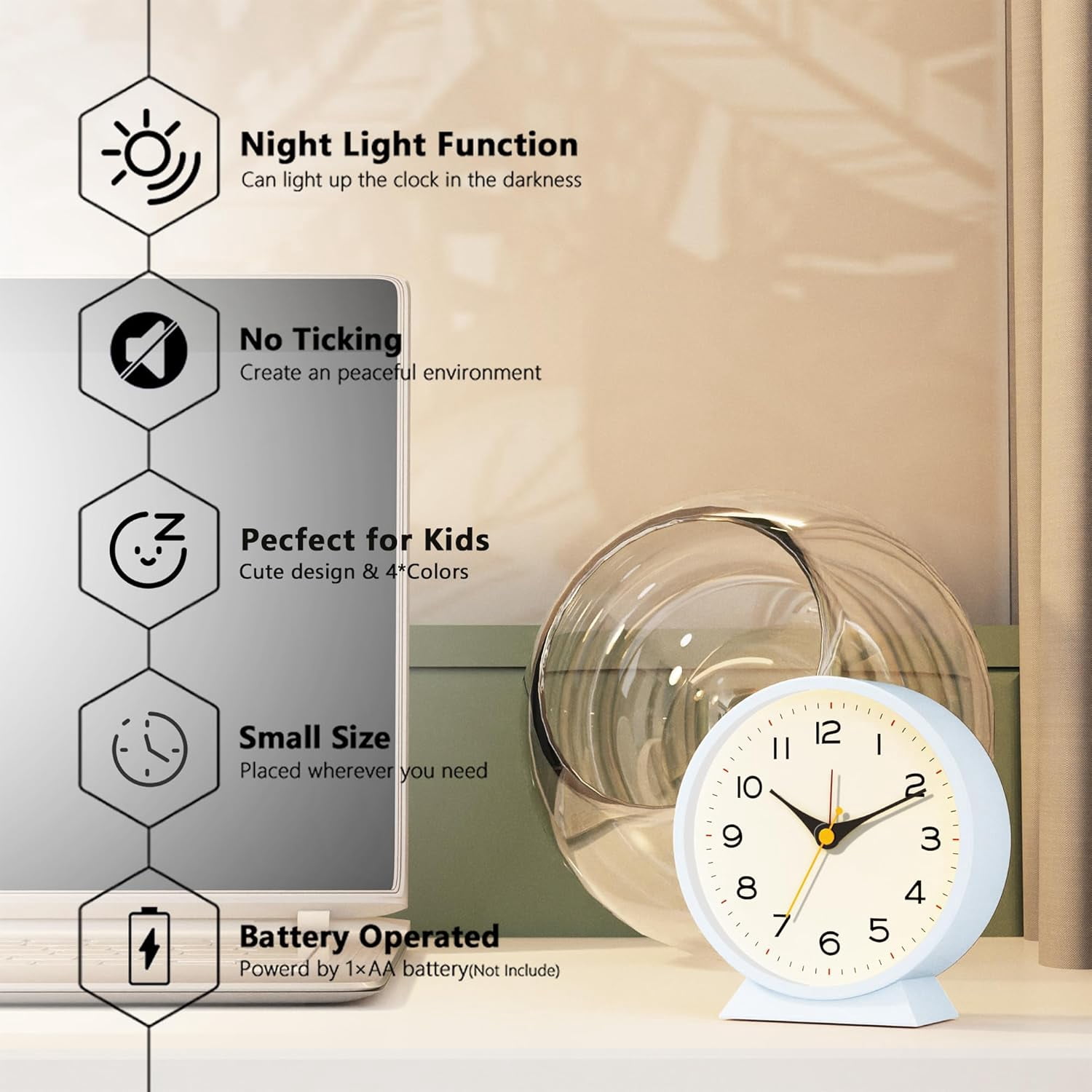 CHISHZL-® 4.5" Analog Alarm Clock,Small Retro Desk Clock Battery ...