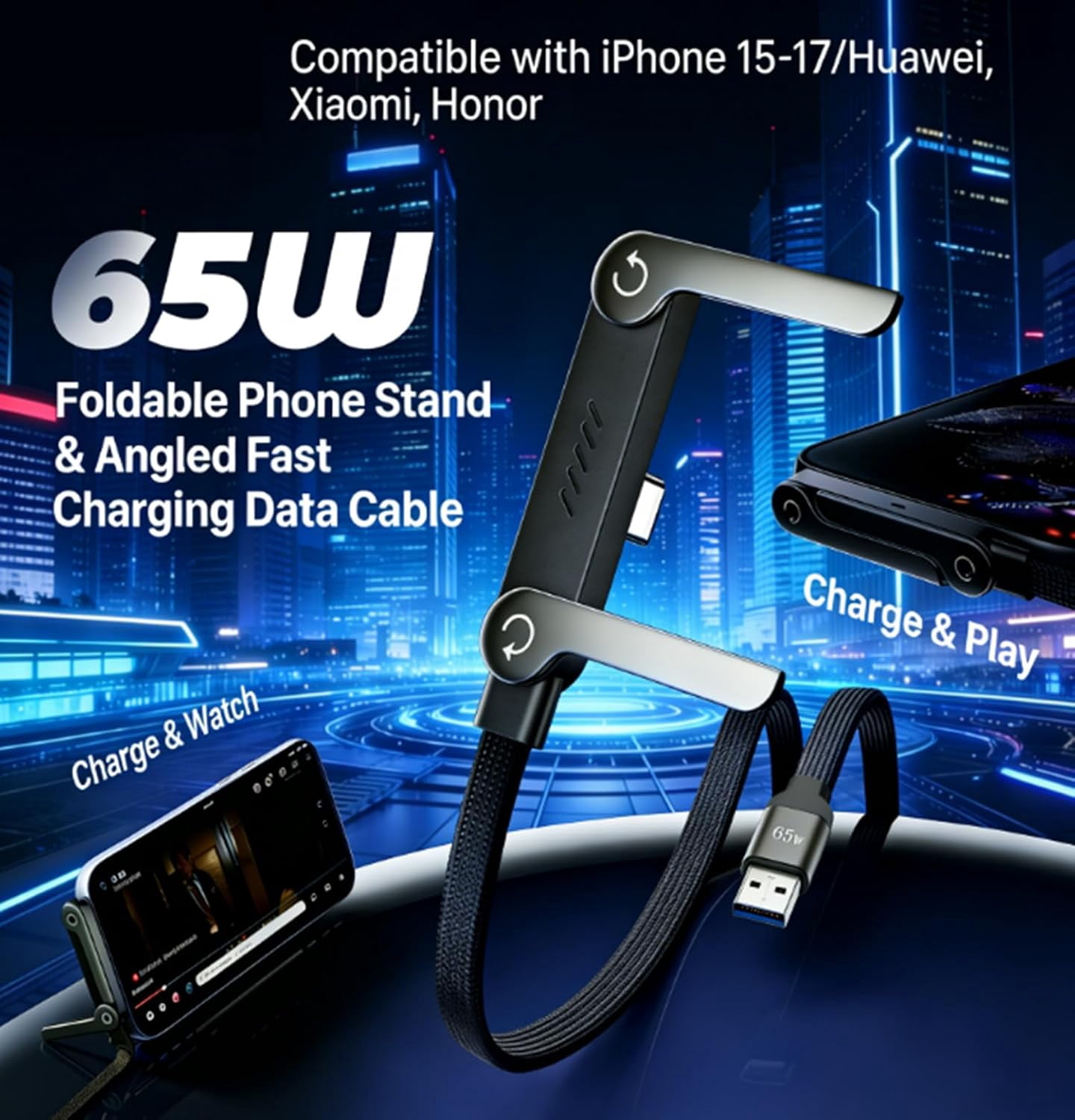 CHISHZL-65W 1M 2-in-1 Fast Charging Cable with Foldable Phone Stand ...