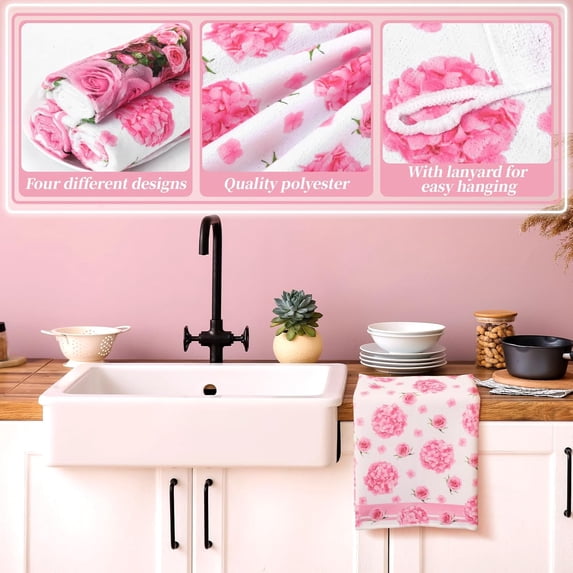 CHISHZL-8 Pcs Pink Rose Kitchen Towels and Dishcloths Sets Oven Mitts ...