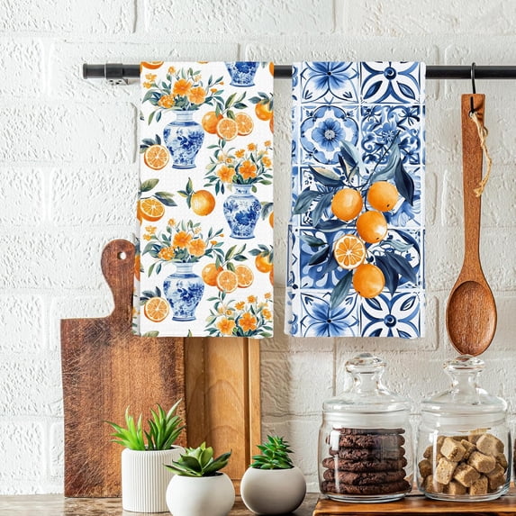 CHISHZL-Italian Orange Kitchen Towels, Blue and White Mediterranean ...