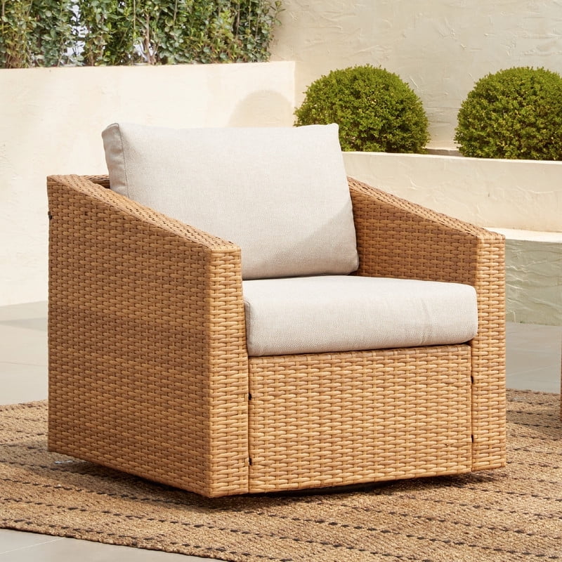 CHITA Outdoor Swivel Light Brown Wicker Chair with Cushion, Cream ...