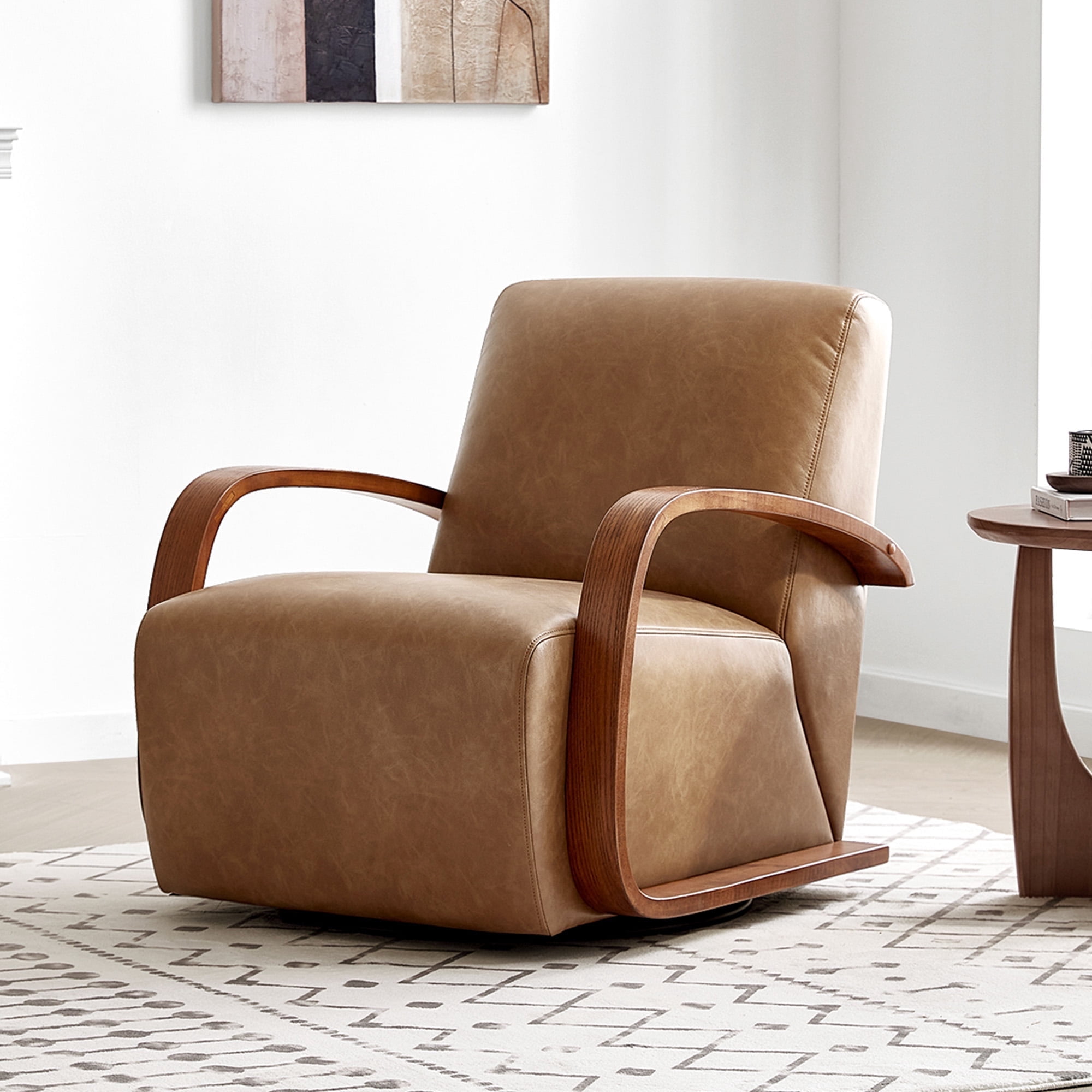CHITA Home Leather Swivel Accent Chair, U-shaped Wood Arm, Cognac Brown ...