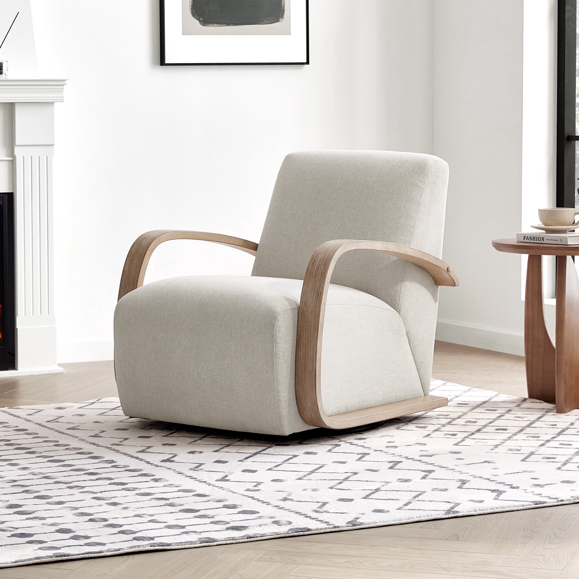 CHITA Swivel Accent Chair with U-Shaped Wood Arms Linen Fabric Gray ...