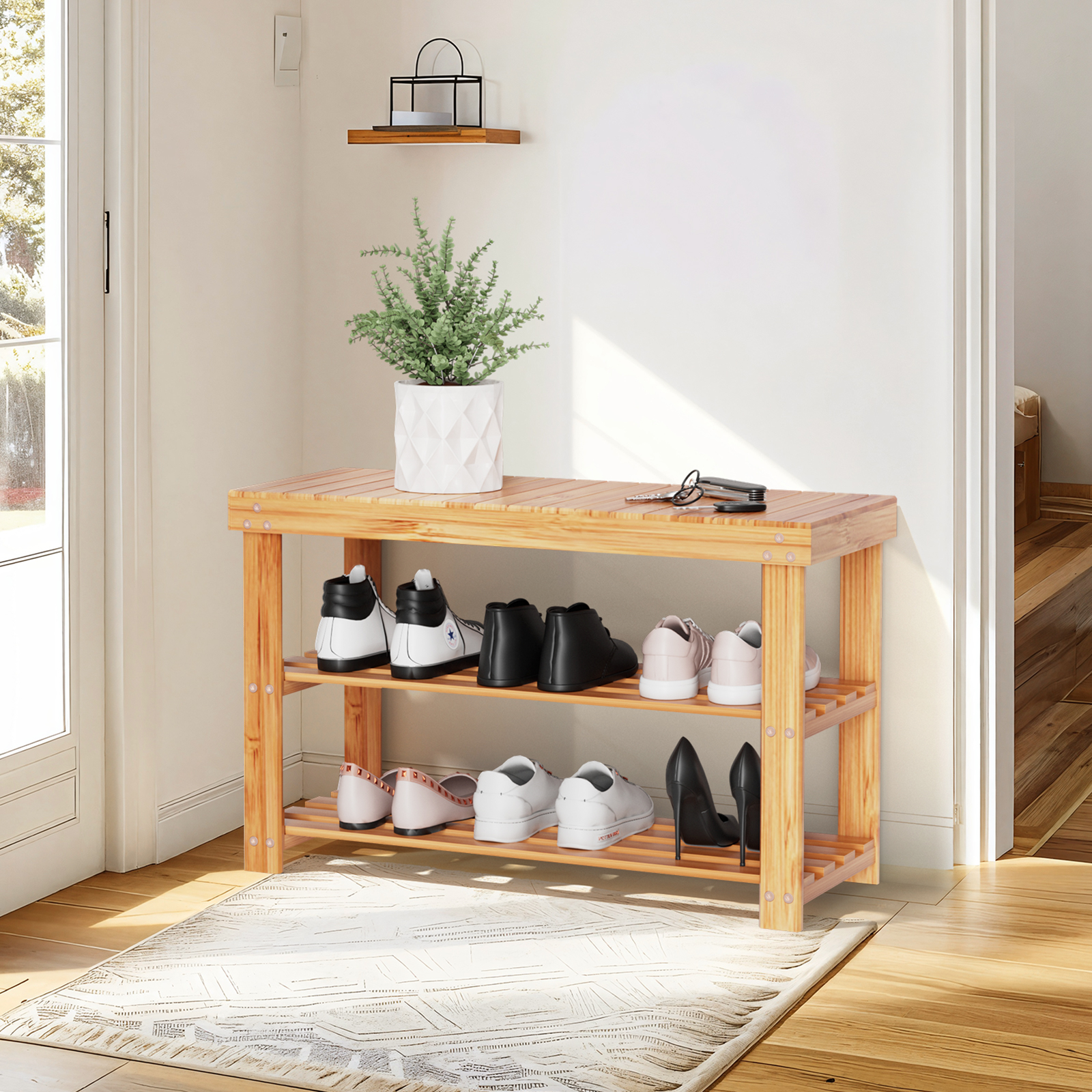 CHITOOMA 3 Tier Bamboo Shoe Storage Bench for Entryway,Wood Hallway ...