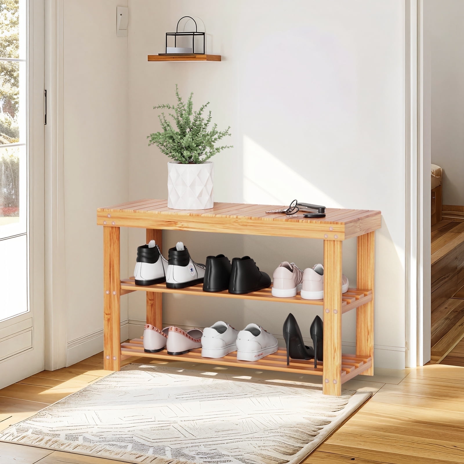 CHITOOMA Bamboo Shoe Storage Bench with 3 Tiers, Natural Wood Entryway ...