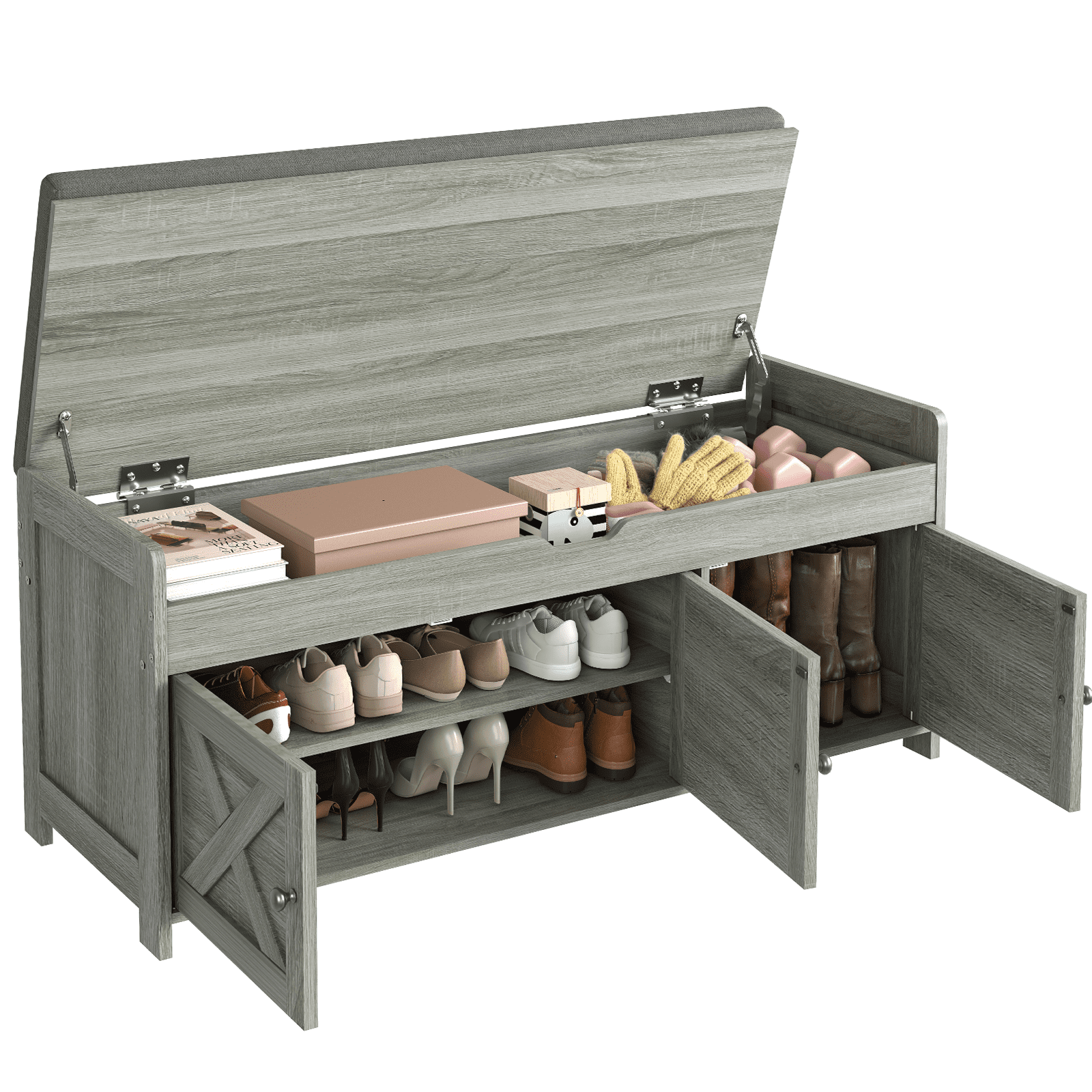 CHITOOMA 43.4" Shoe Storage Bench with Cushion and Barn Doors for ...