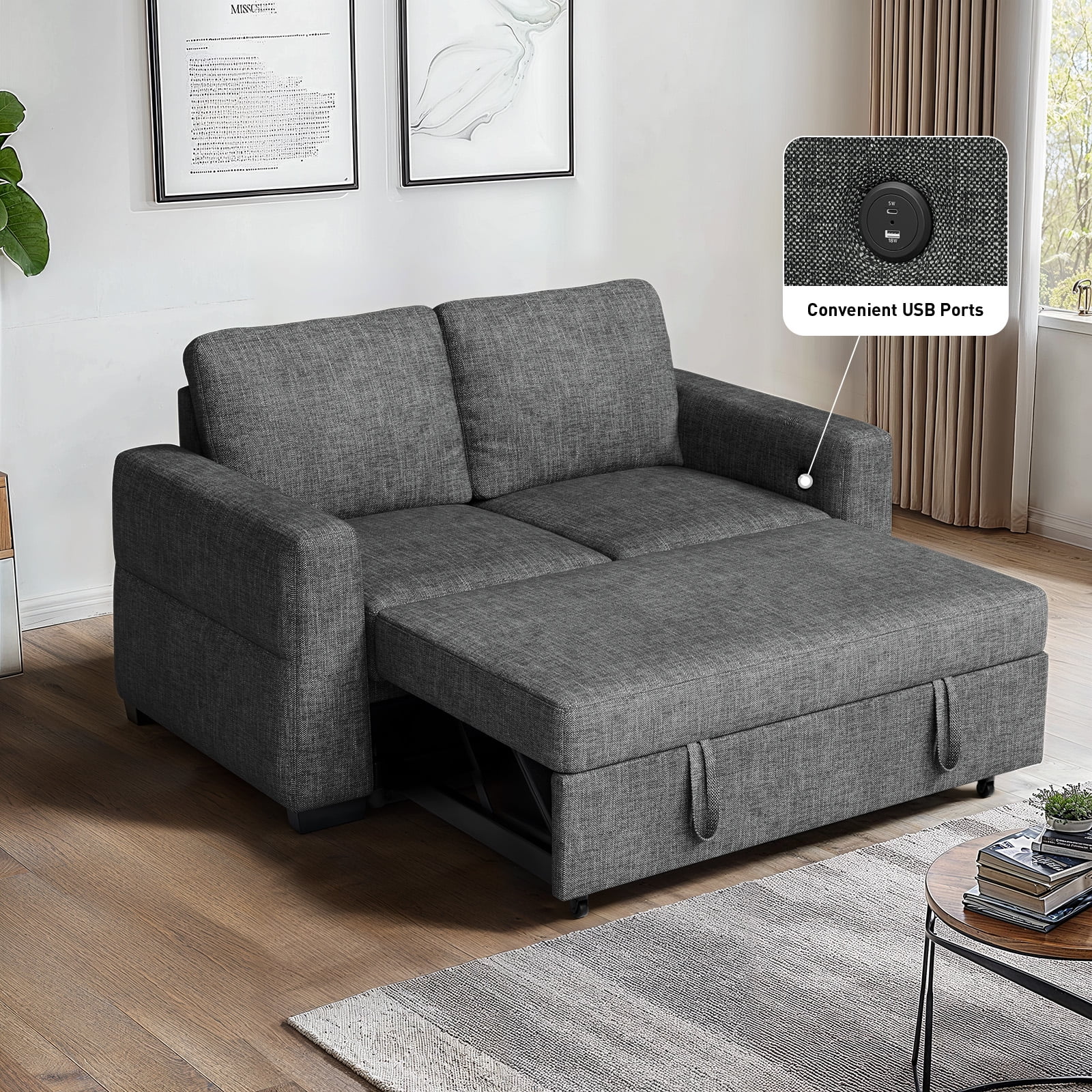 CHITOOMA 60'' Linen Pull Out Sofa Bed Convertible Sleeper Couch with ...