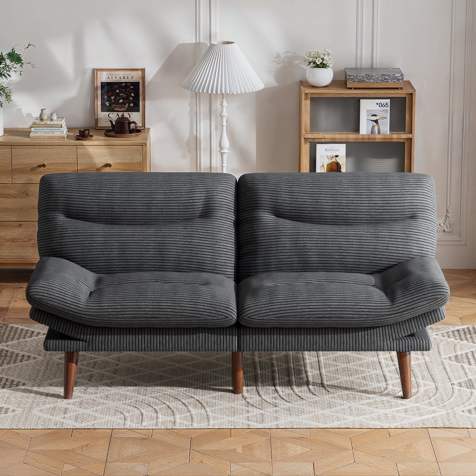 CHITOOMA 66'' Futon Sofa Bed, Grey Corduroy Memory Foam Futon Sleeper ...