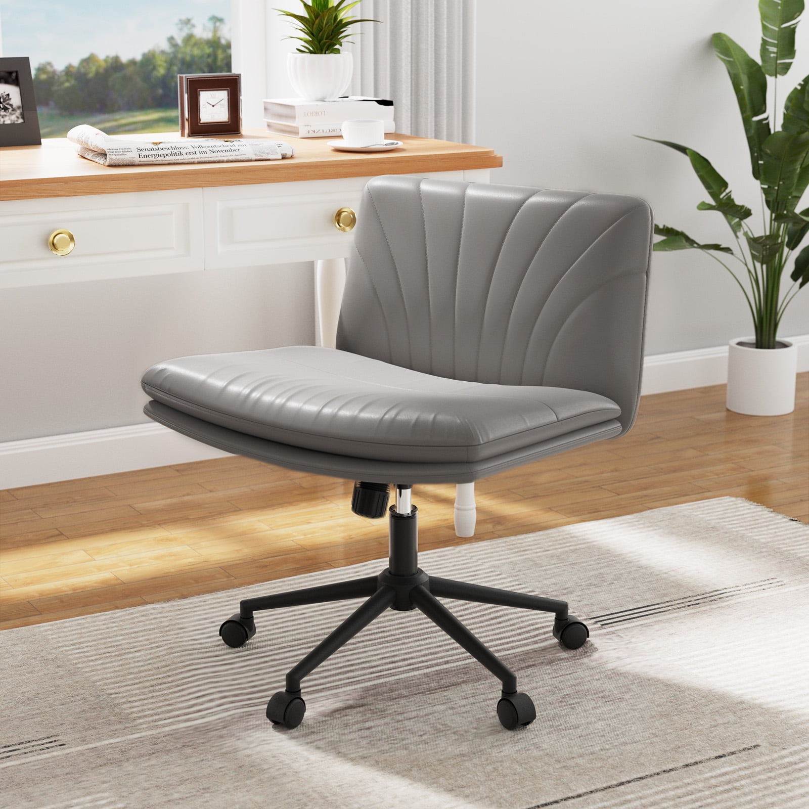 CHITOOMA PU Armless Office Desk Chair with Wheels,PU Leather Cross ...