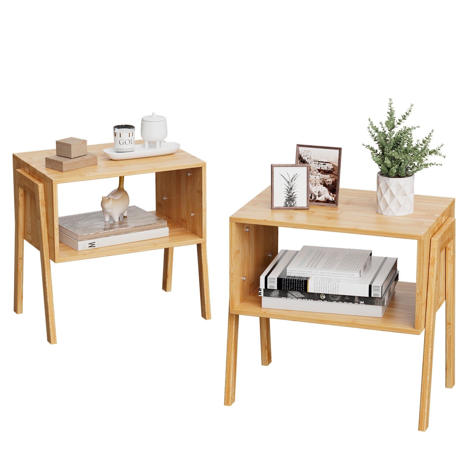 CHITOOMA Set of 2 Bamboo Nightstand Stackable Sofa Table Bedside Table ...