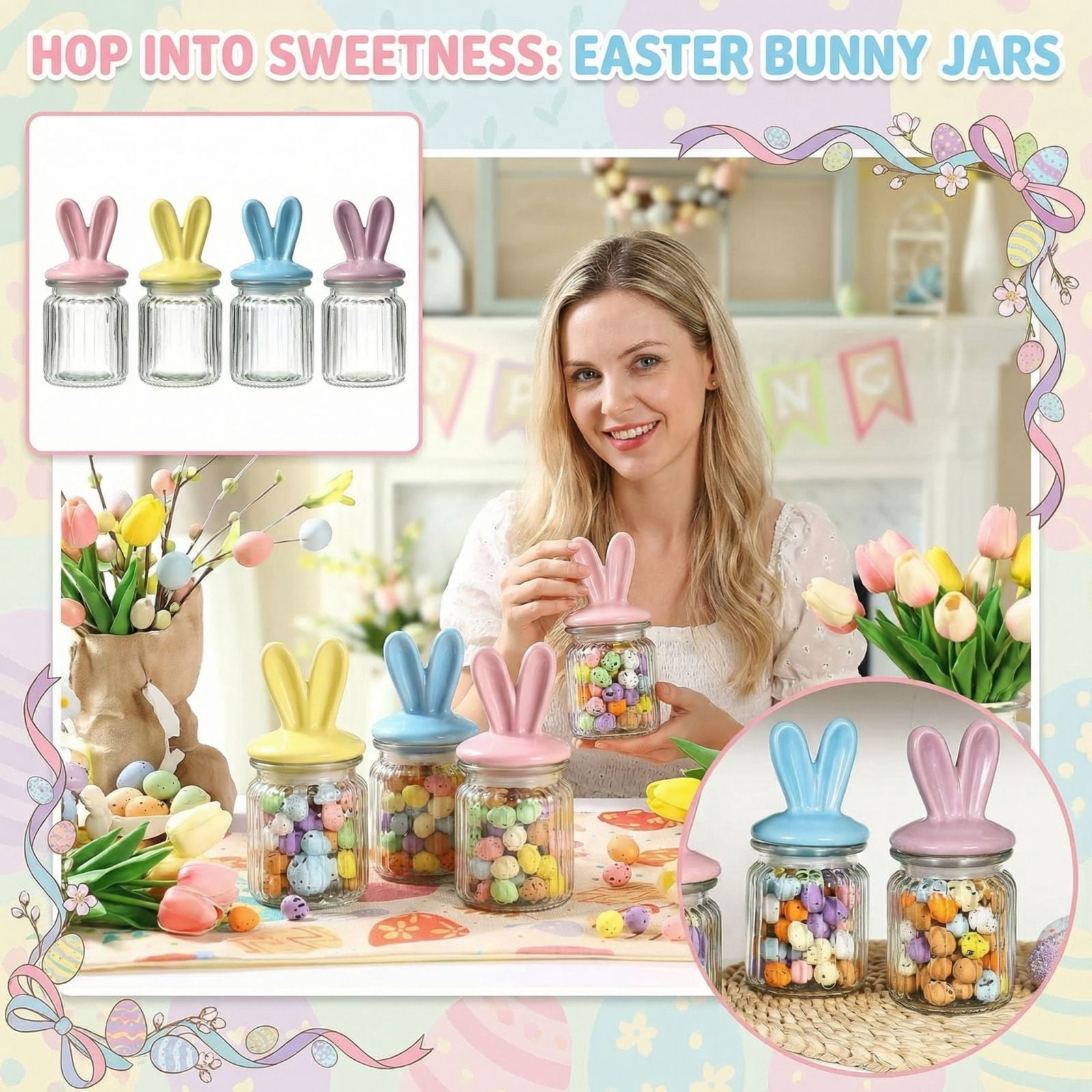 CHIUNL 4Pcs Easter Bunny Ear Shaped Glass Jar with Cap - 8oz Clear ...