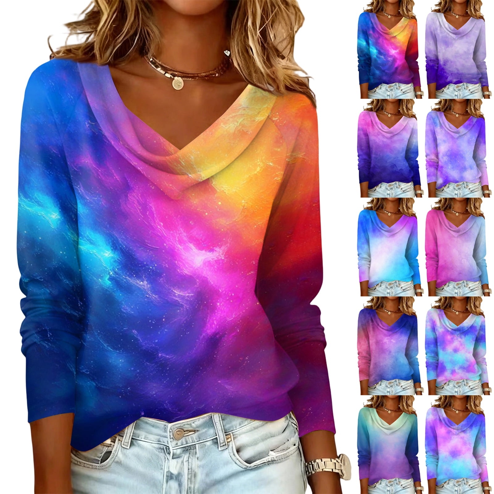 CHIUNL Cross Dyed Printed Long Sleeve Tops, Elegant Cowl Neck Pullover ...