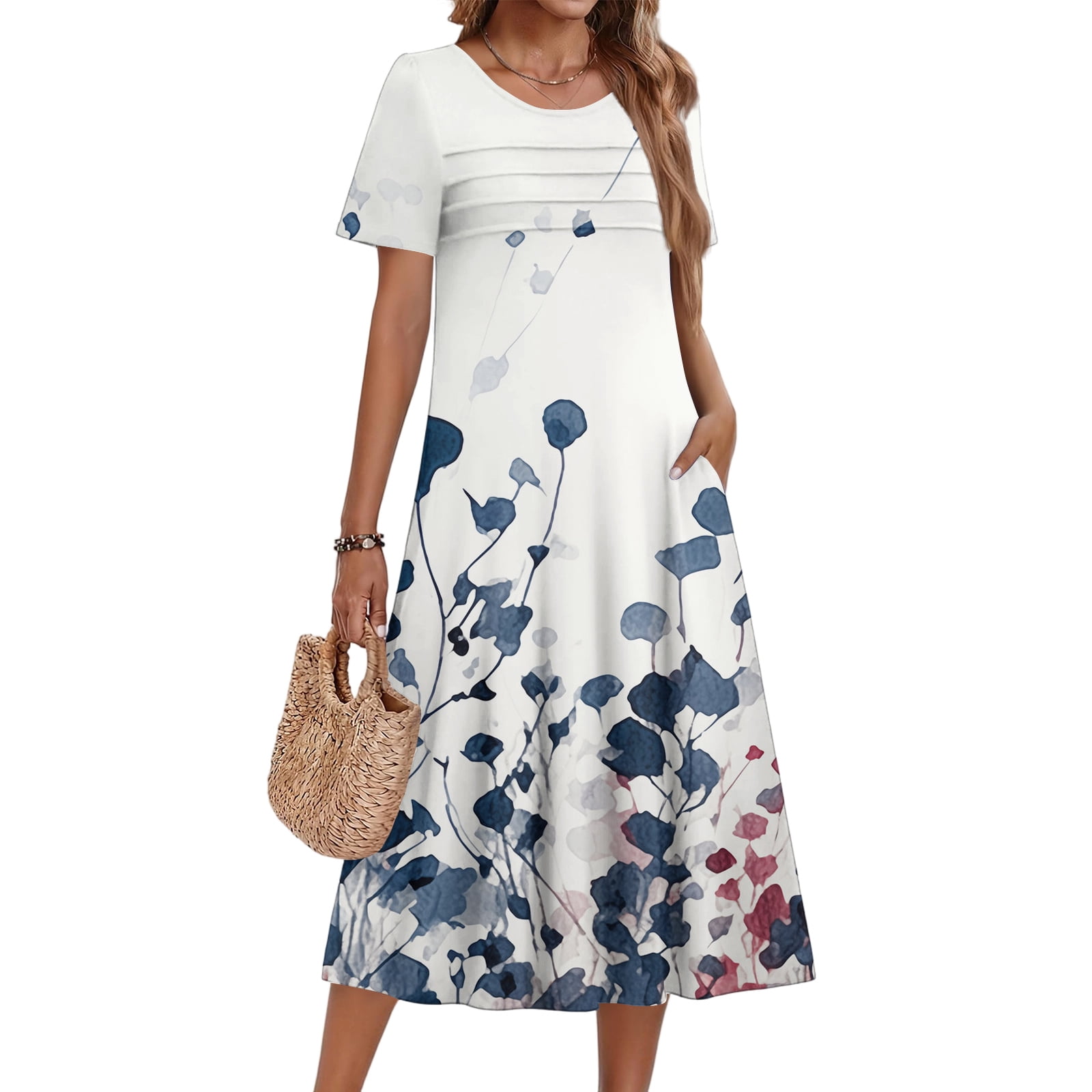 CHIUNL Paisley Printed Dress for Women, Round Neck Pleated Midi ...