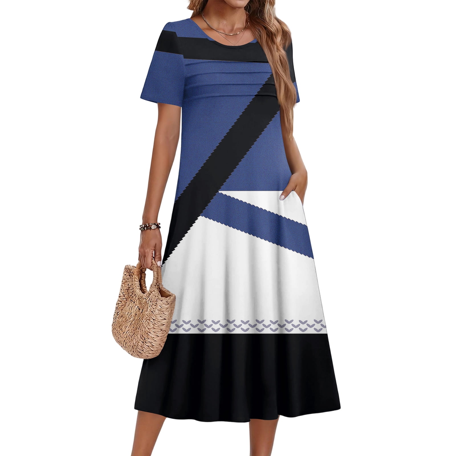 CHIUNL Spring Dresses for Women, Round Neck Pleated Midi Sundress ...