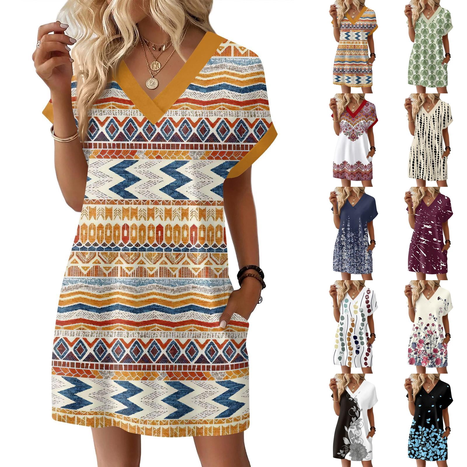 CHIUNL Women's Summer Dress, V-Neck Cuffed Sleeve Retro Patterned ...