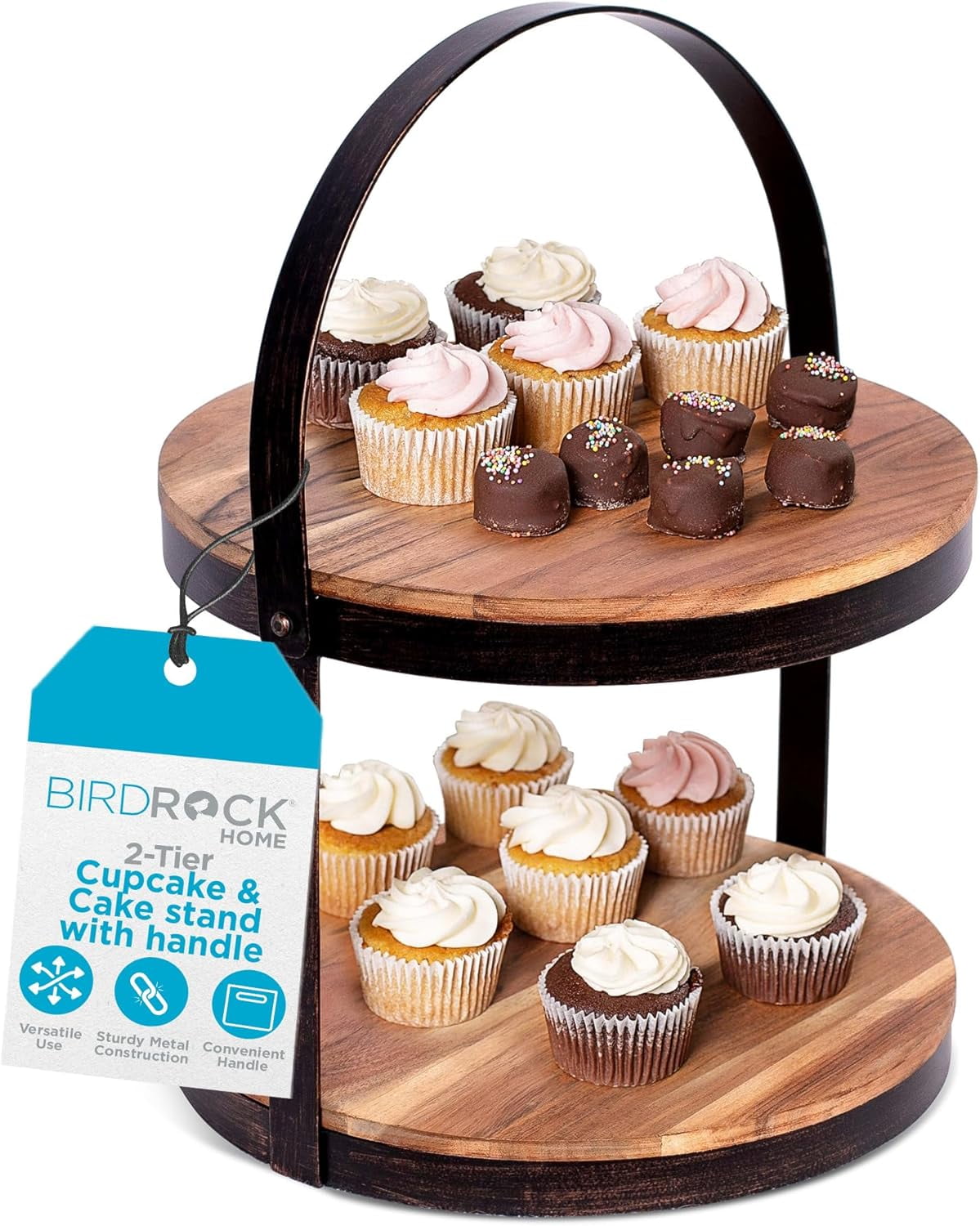 CHJZ 2-Tier Cupcake and Cake Stand with Handle - Rustic Wood & Iron Dessert Serving Tray ...