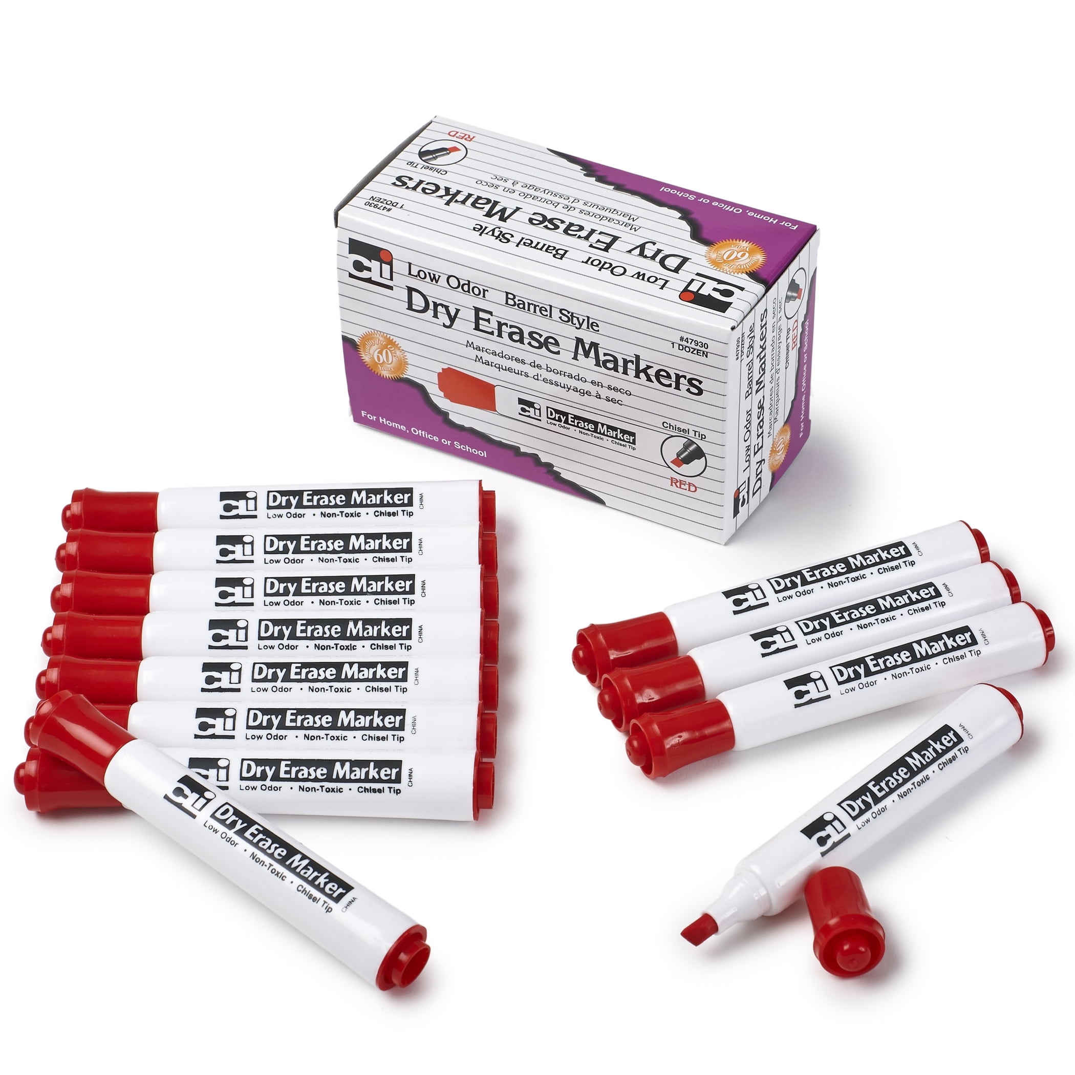 Charles Leonard Dry Erase Markers, Barrel Style, Chisel Tip, Red, Pack ...
