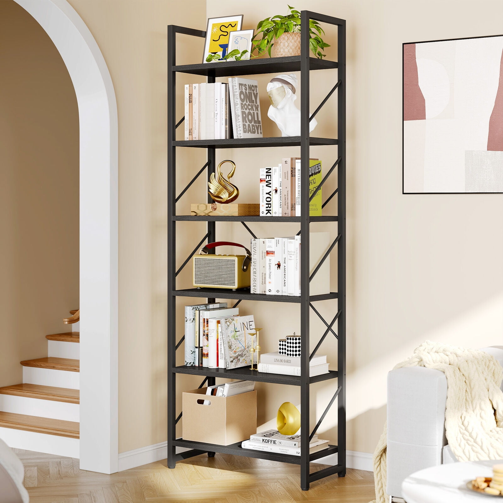 CHLET 6 Tier Bookshelf Bookcase Open Storage Rack Shelves for Bedroom ...