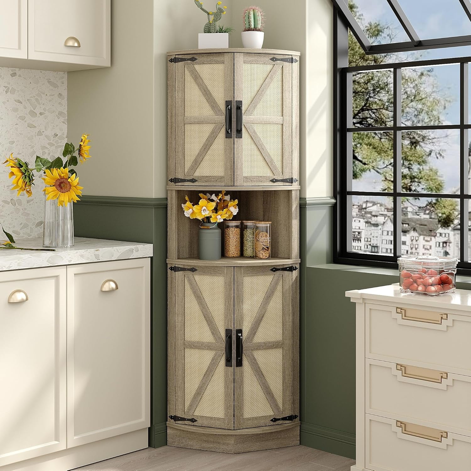 CHLET 64.8" Tall Farmhouse Rattan Corner Cabinet with 4 Doors and 5 ...
