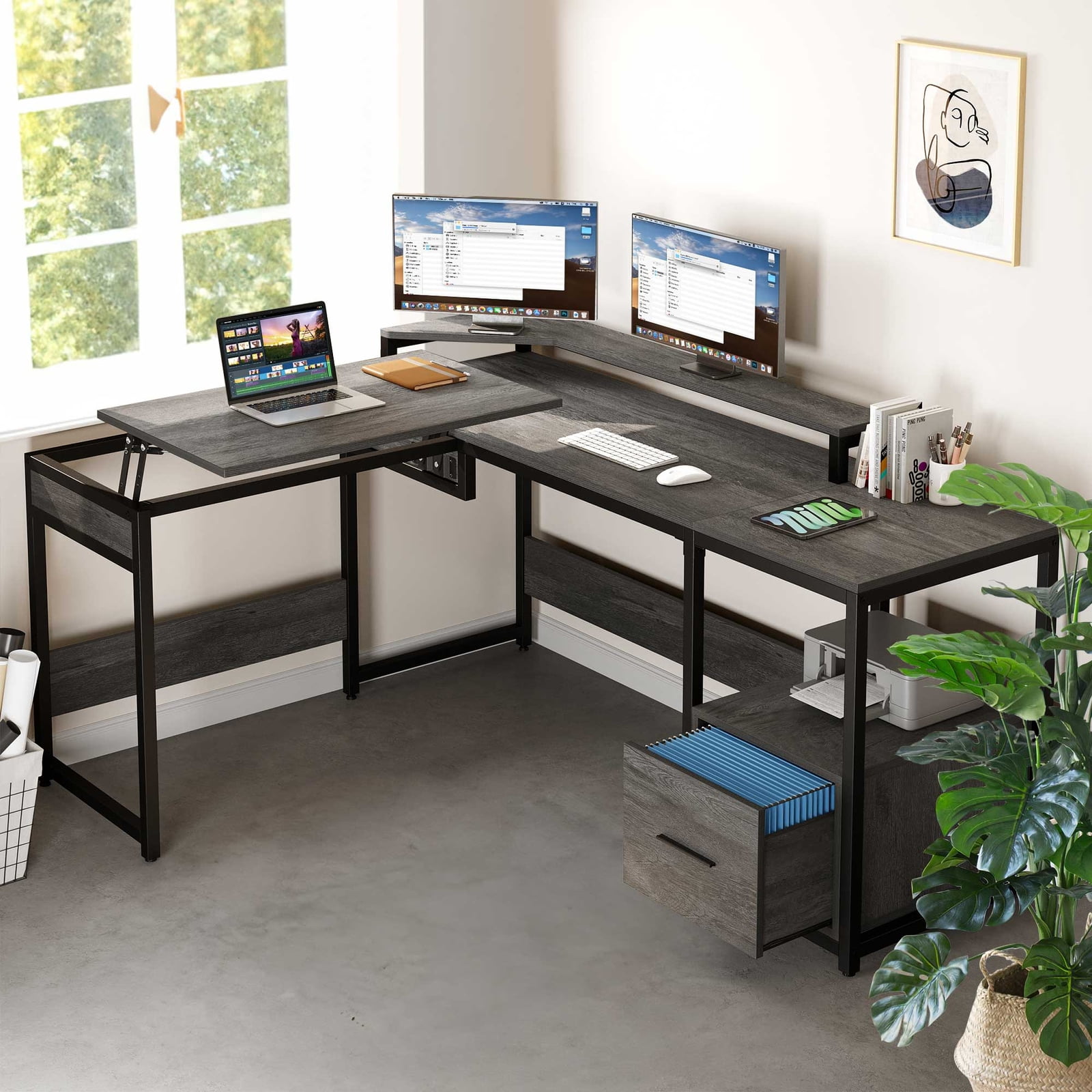 CHLET 65" L Shaped Computer Desk With Drawer & Power Outlets Lift Top ...