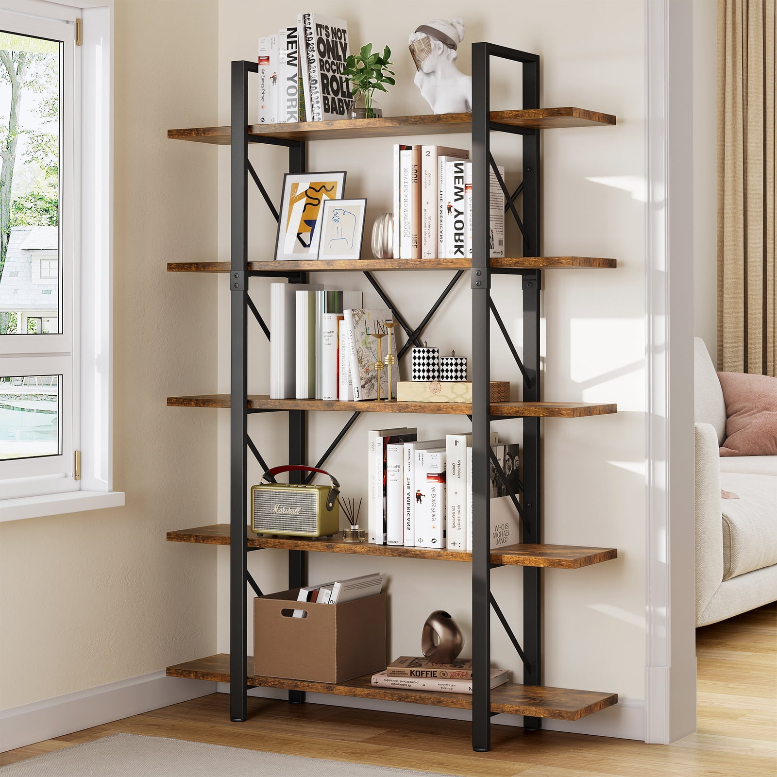 CHLET 71" Tall Industrial Bookshelf Rustic Wood Bookcase Wide Display ...