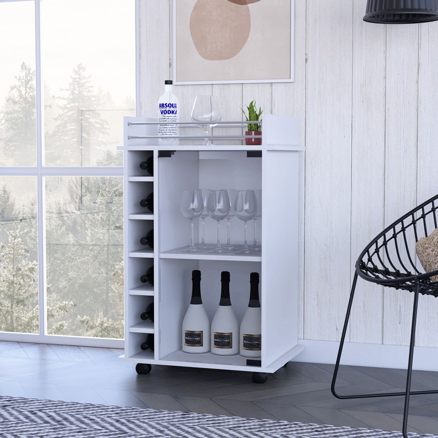 CHLET Bar Cart with Wheels, Rolling Serving Trolley with 6 Wine Cubbies ...